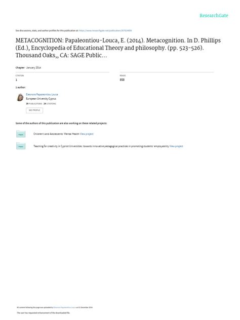 Metacognition In Encyclopedia Of Educational Theory And Philosophy Pdf