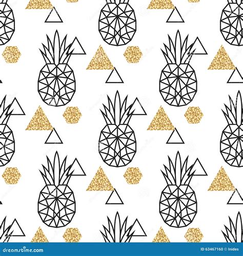 Line Geometric Pineapple And Gold Shimmer Dot Stock Vector