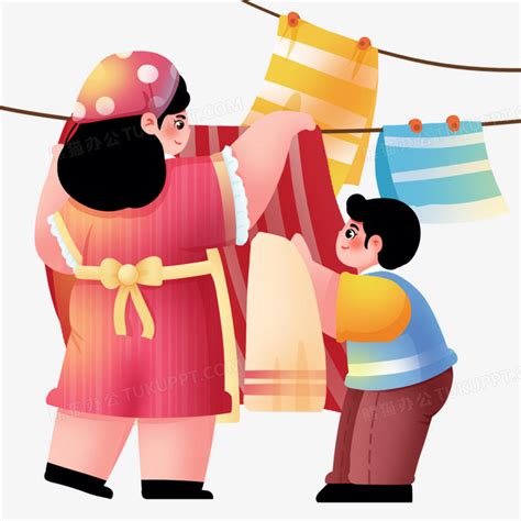 手绘免抠男孩帮妈妈一起晾衣服元素PNG图片素材下载 衣服PNG 熊猫办公