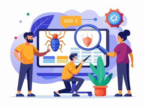 Team Of Developers Debugging Software Bug On Computer Screen Vector Art