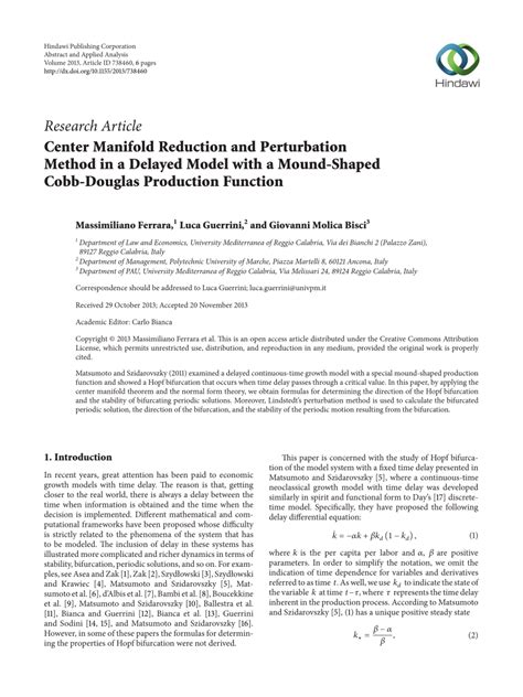Pdf Center Manifold Reduction And Perturbation Method In A Delayed Model With A Mound Shaped