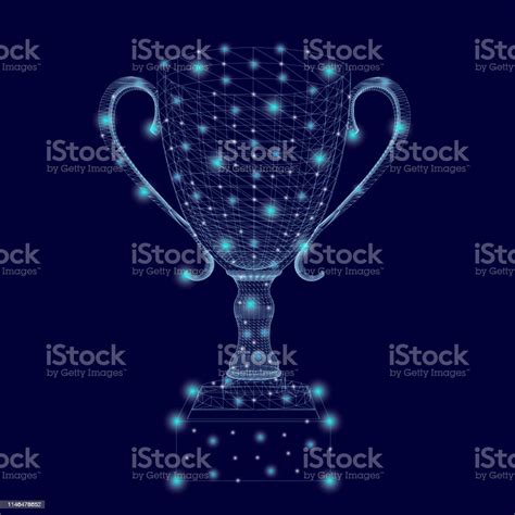빛나는 빛과 우승 컵의 와이어 프레임 어두운 배경에 파란색 선 다각형 잔 3d 벡터 일러스트 와이어 프레임 모델에 대한 스톡