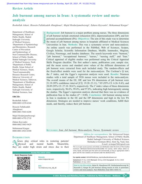 Pdf Job Burnout Among Nurses In Iran A Systematic Review And Meta Analysis