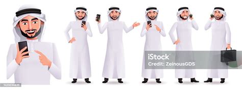 아랍 사업가 벡터 캐릭터 세트 에미리트 컬렉션 디자인을 위해 흰색 배경으로 격리 된 가방과 전화를 들고있는 아라비아 남성 캐릭터 중동 민족에 대한 스톡 벡터 아트 및 기타