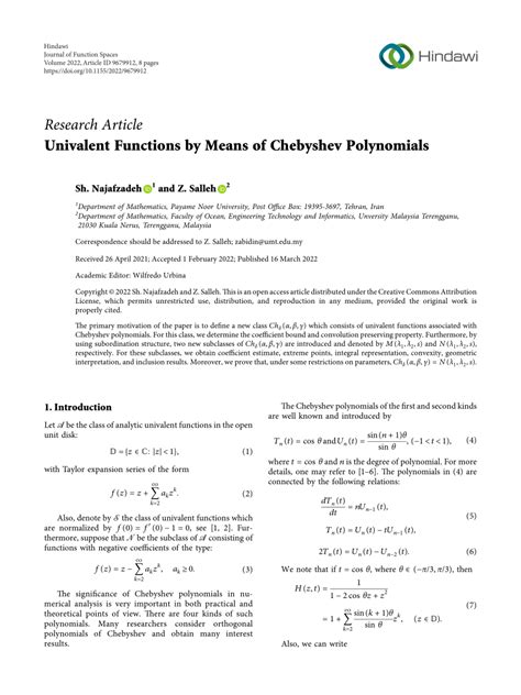 Pdf Univalent Functions By Means Of Chebyshev Polynomials