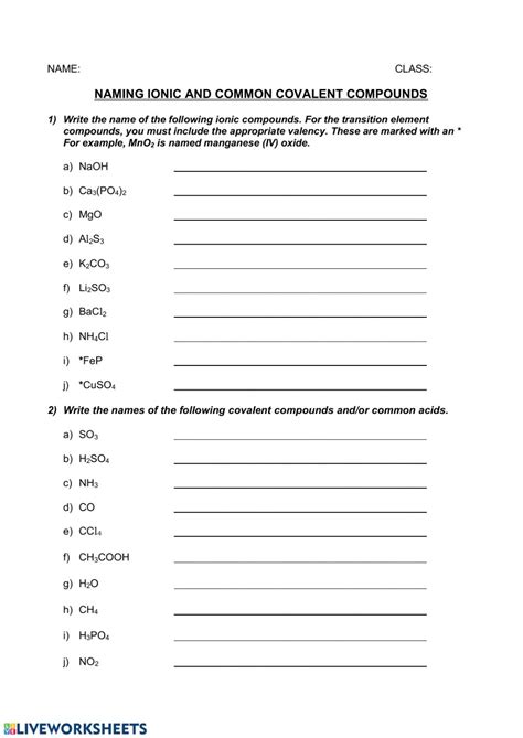 Chemistry Worksheet Naming Compounds And Writing Formulas