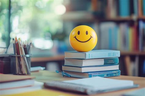 Smiley Face On A Stack Of Books In A Cozy Library Setting Premium Ai