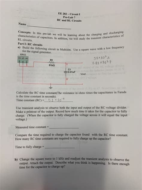 Get Answer Question EE 282 Circuit Pre Lab 7 RC And RL Circuits Name About Transtutors