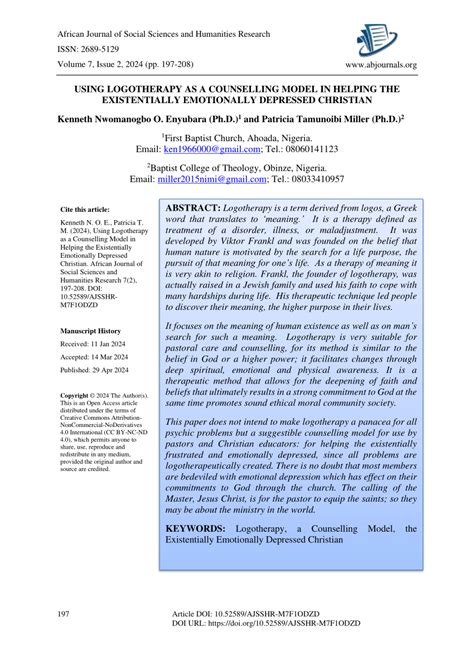 Pdf Using Logotherapy As A Counselling Model In Helping The Existentially Emotionally