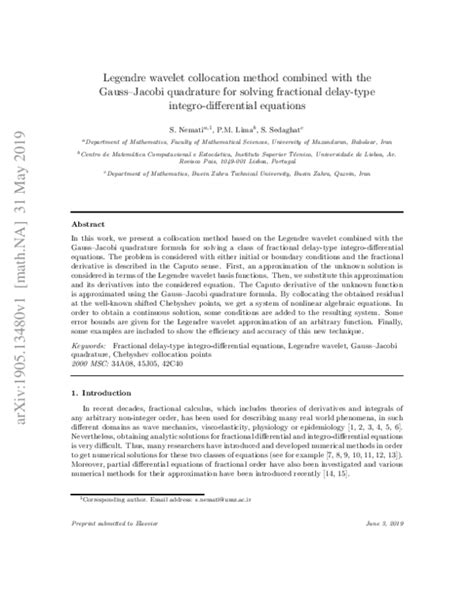 Pdf Legendre Wavelet Collocation Method Combined With The Gauss Jacobi Quadrature For Solving