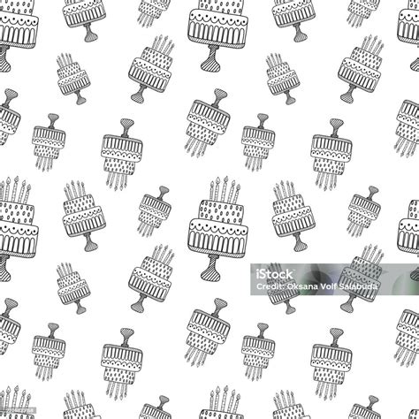 벡터 완벽 한 패턴은 흰색 배경에 촛불이 있는 낙서 생일 케이크를 특징으로 합니다 파티 초대장 선물 포장지 축제 배경 및 축하 장식에 적합합니다 공휴일에 대한 스톡 벡터