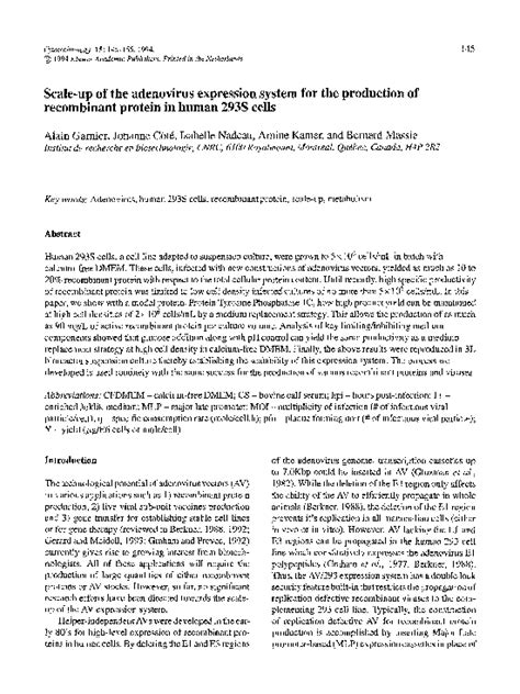 Pdf Scale Up Of The Adenovirus Expression System For The Production Of Recombinant Protein In