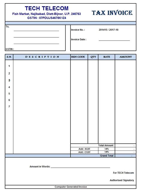 GST Invoice Format In Excel Word Format No 21 Xls Doc File