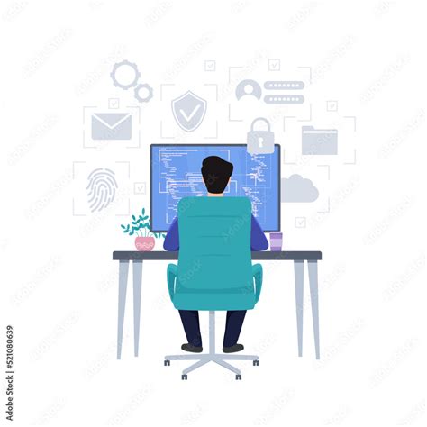 A Man Sits At A Computer View From The Back Work At The Monitors Analytical Activities Cyber
