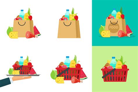 식품 식료품 종이 봉투 팩 아이콘 벡터와 신선한 건강 한 식사와 영양 제품 배달 상점 서비스로 고립 된 평면 만화와 슈퍼마켓 바구니 웨이터 손 케이터링 플레이트와 함께 제공