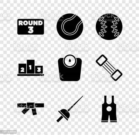 세트 복싱 링 보드 테니스 공 야구 블랙 가라데 벨트 펜싱 레슬링 싱글트 스포츠 우승자 연단과 욕실 저울 아이콘을 통해 상 벡터