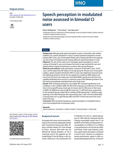 Pdf Speech Perception In Modulated Noise Assessed In Bimodal Ci Users