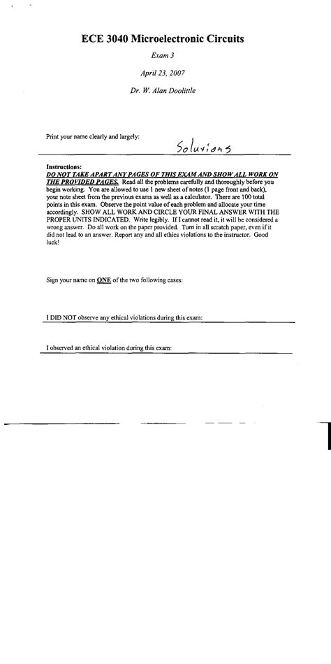 Solutions For Exam Iii Microelectronic Circuits Fall 2007 Ece