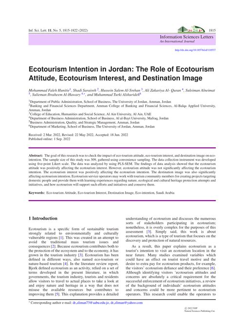 Pdf Ecotourism Intention In Jordan The Role Of Ecotourism Attitude Ecotourism Interest And