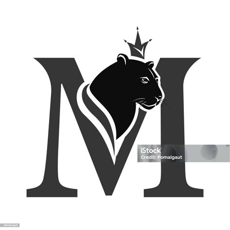 블랙 팬더와 자본 편지 M 로얄 로고 쿠거 헤드 프로파일 세련된 템플릿 문신 크리에이티브 아트 디자인 브랜드 이름 스포츠 클럽 의류 인쇄에 대한 엠블럼 벡터 일러스트레이션