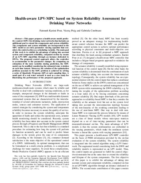 Pdf Health Aware Lpv Mpc Based On System Reliability Assessment For Drinking Water Networks