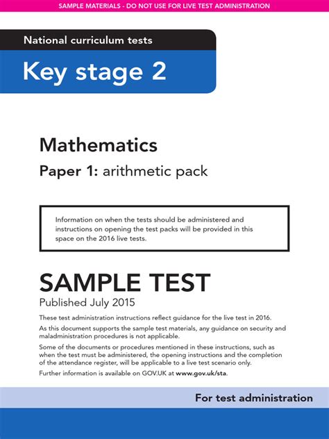 2016 Sample Key Stage 2 Year 6 Mathematics Administering Paper 1 Arithmetic Pdf