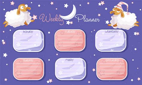 만화 스타일의 일일 계획 개념 별이 있는 추상적인 화려한 밤 배경에 귀여운 졸린 양들이 있는 주간 할 일 목록 앱 웹사이트