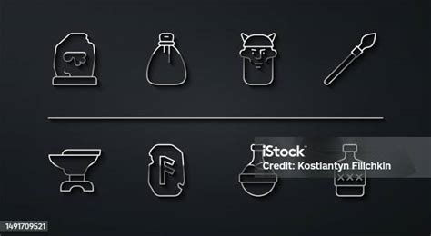 세트 라인 마법 룬 대장장이를 위한 모루 중세 창 물약이 든 병 오래된 돈 가방 위스키 병 및 바이킹 머리 아이콘 벡터 가방에 대한 스톡 벡터 아트 및 기타 이미지 Istock