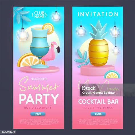 여름 칵테일 디스코 파티 타이포그래피 포스터에는 3d 플라스틱 플라밍고 칵테일 파인애플이 있습니다 초대장 디자인 벡터 그림 3