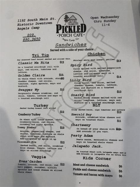 Menu At Pickled Porch Cafe Angels Camp