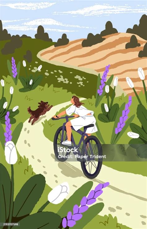 시골 풍경에서 자전거를 타는 행복 한 십대 소녀 아이는 시골 들판에서 개와 함께 자전거를 타고 있습니다 사람은 자연에서 자전거와 함께 즐거운 시간을 보냅니다 여름 방학 에서