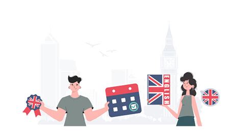 영어 학습의 개념 남자와 여자 영어 교사 트렌디 한 스타일 벡터 일러스트레이션 가상현실에 대한 스톡 벡터 아트 및 기타 이미지 가상현실 관광객 교습 Istock