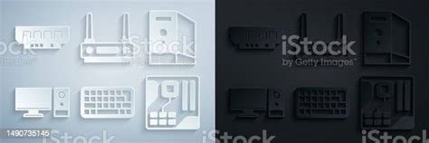 키보드 컴퓨터 케이스 컴퓨터 모니터 마더보드 디지털 칩 라우터 및 Wifi 신호 및 Ram 랜덤 액세스 메모리 아이콘을 설정합니다 벡터 0명에 대한 스톡 벡터 아트 및 기타