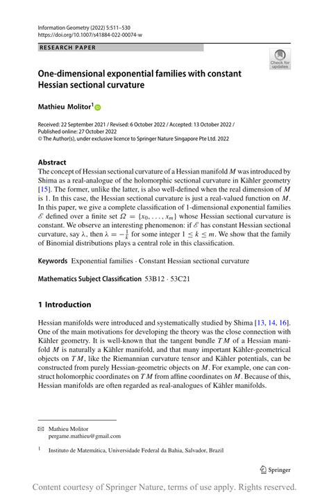 One Dimensional Exponential Families With Constant Hessian Sectional Curvature Request Pdf