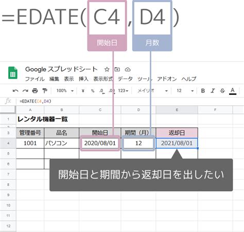 数カ月後、数ヶ月前の日付を表示するedate関数｜スプレッドシートの使い方