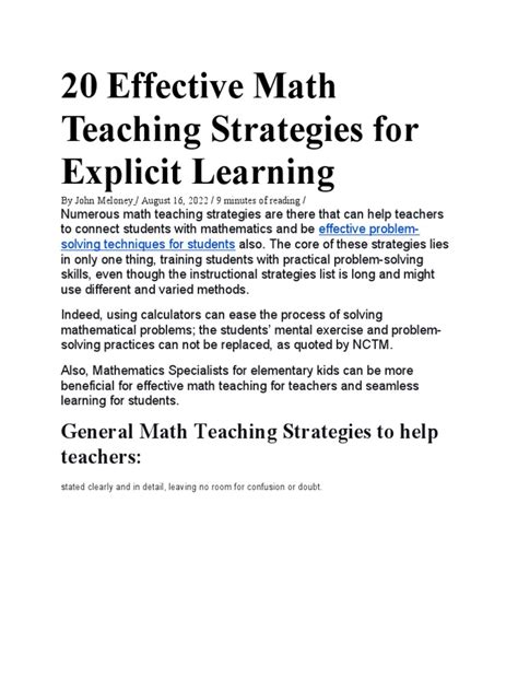 20 Effective Math Teaching Strategies For Explicit Learning Download