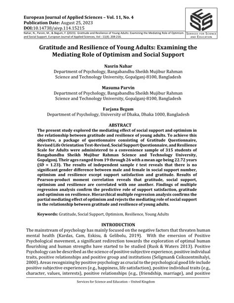 Pdf Gratitude And Resilience Of Young Adults Examining The Mediating Role Of Optimism And