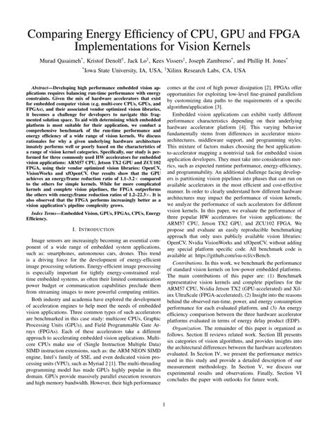 Pdf Comparing Energy Efficiency Of Cpu Gpu And Fpga Implementations
