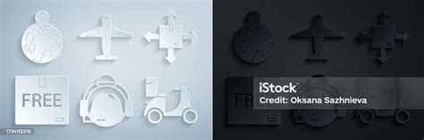 연락 지원 운영자 교통 기호가 있는 골판지 상자 무료 스쿠터 배달 비행기 및 전 세계 아이콘을 설정합니다 벡터 화물 운송에 대한 스톡 벡터 아트 및 기타 이미지 Istock