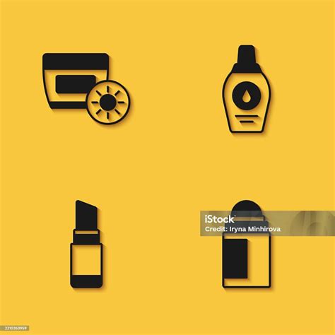 튜브에 자외선 차단제 크림 데오도란트 롤 립스틱 및 긴 그림자가 있는 샴푸 병 아이콘을 설정합니다 벡터 3월에 대한 스톡 벡터 아트 및 기타 이미지 Istock