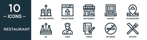 레스토랑 개요 아이콘 세트에는 얇은 선 소금과 후추 레스토랑 자리 표시자 요리사 연기 없음 칼 붙이 보고서 프리젠 테이션 다이어그램 웹 디자인을위한 오일 아이콘이 포함됩니다
