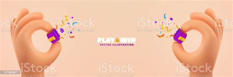 폭발 색종이 조각 벡터 삽화가 있는 선물 상자를 들고 있는 두 명의 인간 만화 손 밝은 배경에 열린 선물 상자를 주는 팔 상금 웹 배너 템플릿 획득 3차원 형태에 대한 스톡