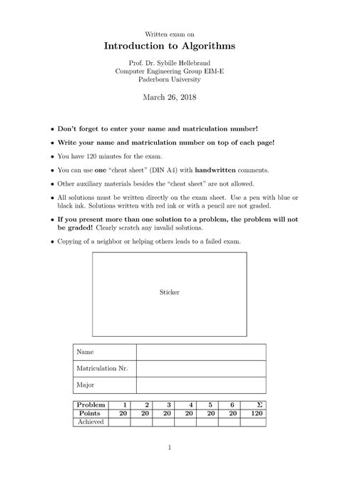 2018 03 26 Exam Wintersemester Written Exam On Introduction To