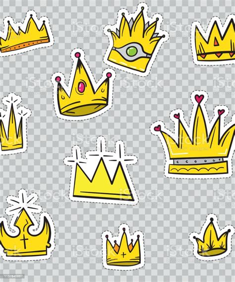 왕관과 함께 헝겊 패치 벡터 일러스트 레이 션에 고립 된 투명 한 배경입니다 만화 80 S90의 만화 스타일에 스티커 핀 패치의 팩을 설정 합니다 낙서 드로잉에 대한 스톡
