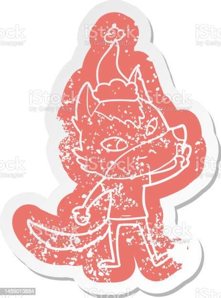 산타 모자를 쓰고 평화의 표시를 주는 늑대의 친절한 기발한 만화 고민 스티커 귀여운에 대한 스톡 벡터 아트 및 기타 이미지 귀여운 그런지 이미지 기법 낙서 드로잉