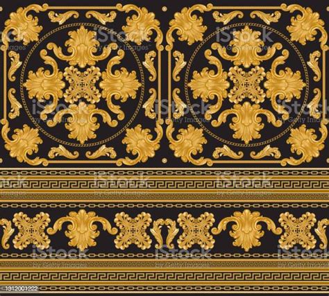 검은 색 배경 골드 체인 및 케이블 그리스 어 마더 프리즈 바로크 스크롤 및 황금 진주 쉘에 매끄러운 테두리 패턴 인쇄 스카프