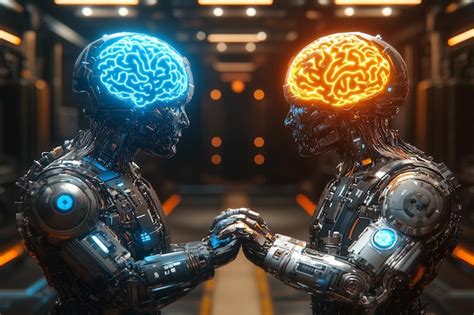 Futuristic Depiction Of Two Robots With Glowing Brains Shaking Hands