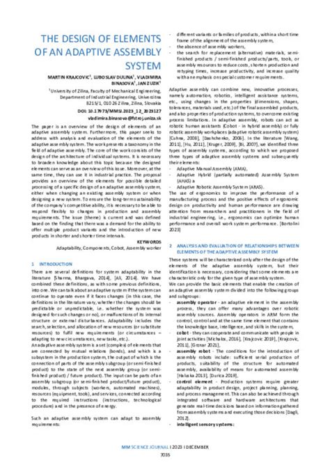 The Design Of Elements Of An Adaptive Assembly System Mm Science Journal