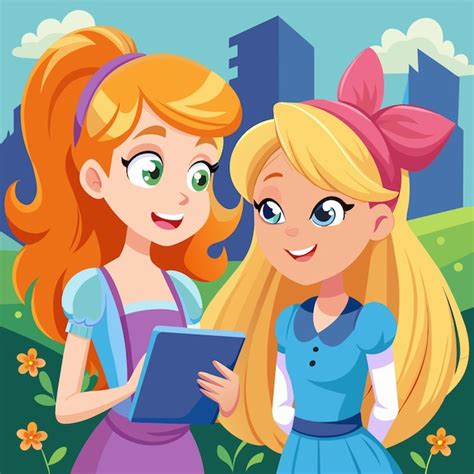 Premium Vector A Cartoon Illustration Of Two Girls With A Tablet And The Word Princess On It
