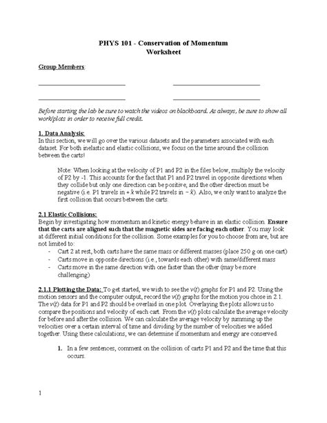 Phys 101 Lab 4 Worksheet V010522 1 Phys 101 Conservation Of